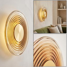 hofstein Liriel LED Wandleuchte Messing mit bernsteinfarben-klarem Glas-Rillenschirm Glasschirm in Bernsteinfarben und Klar, 352 Lumen, f&uuml;r die Couch