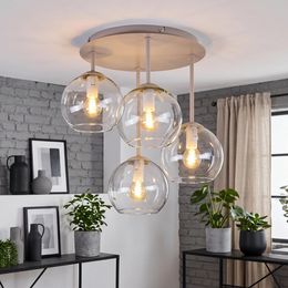 hofstein Gastor Deckenleuchte mit Glaskugeln, 4-flammig, E14, klare Glasschirme &oslash; 15 cm Metallgestell in Sandfarben und Wei&szlig;, moderne Retro-Optik f&uuml;r 