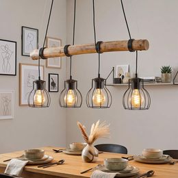 hofstein Holzstab-H&auml;ngeleuchte Gondo mit schwarzen K&auml;figschirmen, f&uuml;r den Esstisch, Kabel wickelbar Metallgestell, E27-Fassung, Kabel um den Stab wickelbar