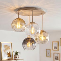 hofstein Cluster-Deckenleuchte Koyoto mit 4 Riffelglas-Kugeln in Klar, Bernstein und Rauch Sandfarbenes Metall, &oslash; 38 cm, Schirm-&oslash; 15 cm, E14, 25 Watt