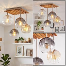 hofstein Naturfarbene Holz-Deckenleuchte Koyoto mit Holzlamellenplatte, 4 Kugelschirme, E14 Riffelglas in Klar, Bernstein, Rauch, &oslash; 15 cm und 25 Watt