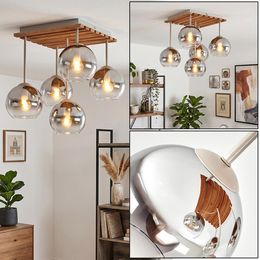 hofstein Koyoto 5-flammige Deckenleuchte Holz Metall mit rauchfarbenen Glaskugelschirmen Holz in Naturfarben und Metall, &oslash; 15 cm, E14, 25 Watt, mit Boho-