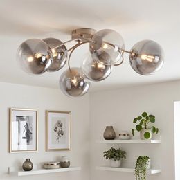 hofstein Kugel-Deckenleuchte Chehalis mit geschwungener Cluster-Anordnung, Rauchglas Metallgestell in Wei&szlig;, klare Glaskugeln je &oslash; 15 cm, G9-Fassung, extern 