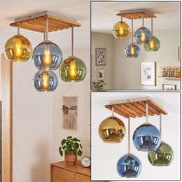 hofstein Boho Style Kugel-Deckenleuchte Koyoto mit Holzlamellen-Abdeckung, 4 bunte Glasschirme Tannenholz-Lamellendach mit Metallgestell in Wei&szlig; und Sandfarben