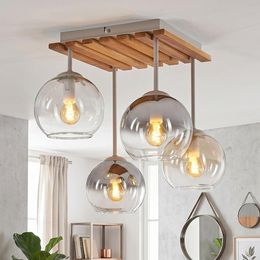 hofstein Koyoto Holz-Deckenleuchte mit Kugelschirmen, 4-flammig, E14, Boho Vintage Lamellenplatte aus Tannenholz und Metall, Naturfarben, Sandfarben und Wei&szlig;, 