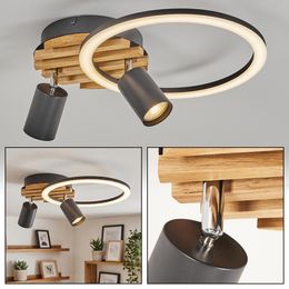 hofstein Velani LED Deckenleuchte Holz-Metall, naturfarbene Basis, 2 verstellbare Spots mit rundem Lichtring, GU10-Fassung, 3000 Kelvin warmwei&szlig;, 1000 Lumen, 