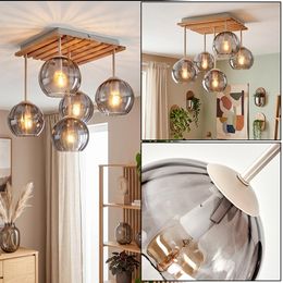 hofstein Cluster-Deckenleuchte Koyoto mit 5 rauchfarbenen Boho-Glasschirmen, Lamellenplatte Aus Holz und Metall, Riffelglas &oslash; 15 cm, E14-Fassung, 25 Watt