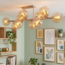 hofstein Koyoto Retro Deckenleuchte mit bernsteinfarbenen Glaskugeln &oslash; 15 cm, 10-flammig E14-Fassungen, sandfarben-wei&szlig;es Metallgestell in l&auml;nglicher Form, f&uuml;r Wohnzimmer und Esszimmer, extern dimmbar