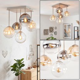 hofstein Gastor Retro Glaskugel-Deckenleuchte mit mehrfarbigen Glasschirmen, 5-flammig quadratische Deckenplatte aus sandfarben-wei&szlig;em Metall, E14, &oslash; 37 cm, 