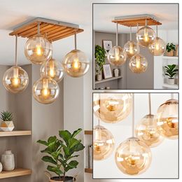hofstein Gastor 5-flammige Boho Deckenleuchte mit bernsteinfarbenem Kugelglas &oslash; 15 cm mit Tannenholz-Lamellenplatte in Naturfarben, Metall in Sandfarben und 