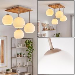 hofstein Koyoto Deckenleuchte mit wei&szlig;em Glasschirm und Tannenholz-Lamellen, 4-flammig, &oslash; 15 cm f&uuml;r Wohnzimmer und Esszimmer, E14, skandinavisch-moderner Boho 