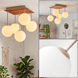 hofstein Gastor 5-flammige Kugel-Deckenleuchte mit wei&szlig;en Glaskugeln &oslash; 15 cm Tannenholz-Lamellendach mit sandfarbenen Metallabh&auml;ngungen, E14, Boho-Style f&uuml;r 