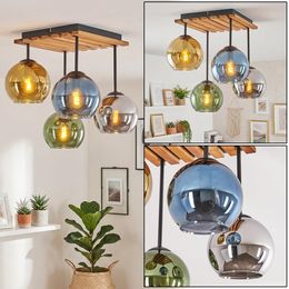 hofstein Koyoto Deckenlampe mit Tannenholz-Lamellen, 4-flammig, bunte Kugelgl&auml;ser E14-Fassungen, Metallrahmen, extern dimmbar, im Boho-, Retro- und Vintage-