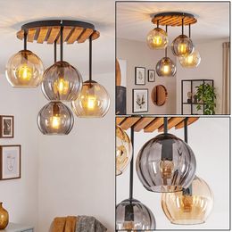 hofstein Koyoto Tannenholz-Deckenleuchte mit Riffelglas, 4-flammig, bernstein- und rauchfarben mit runder Lamellen-Deckenplatte, 15 cm Kugelschirmen, E14-Fassungen, Boho-Retro f&uuml;r Wohn- und Esszimmer