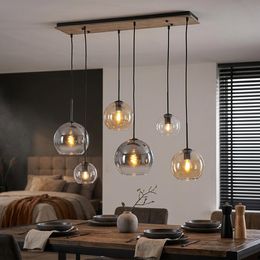 hofstein Koyoto Glas-H&auml;ngeleuchte 6-flammig &Oslash; 15/20/25 cm Bernstein/Klar/Rauch mit rechteckigem naturfarbenem Kiefernholz-Baldachin, E27-Fassungen, extern 