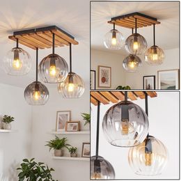 hofstein Naturfarbene Cluster-Deckenleuchte Koyoto mit Glasschirmen in Klar, Bernstein und Rauch Riffelglas, Holzlamellenplatte, Metallgestell, E14, 25 Watt