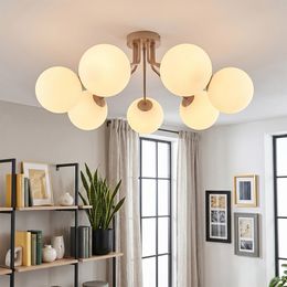 hofstein Gastor Kugel-Deckenleuchte 7-flammig mit wei&szlig;em Glasschirm, E14, &oslash; 82 cm sandfarben-wei&szlig;es Metallgestell im Retro-Boho-Stil, &uuml;ber externen Dimmer 