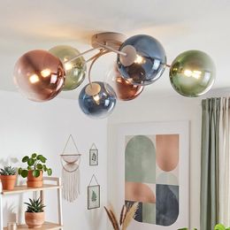 hofstein Moderne Cluster-Deckenleuchte Chehalis mit 6 bunten Glaskugeln, &oslash; 15 cm, G9 Metallgestell in Sandfarben-Wei&szlig;, moderne Retroform f&uuml;r Wohnzimmer und 