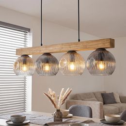 hofstein Ripoll Holzstab Pendelleuchte Esstisch 4-flammig, L&auml;nge 75 cm, Riffelglas &oslash; 15 cm mit Metall-Details, Schirmfarben Bernsteinfarben, Klar und 