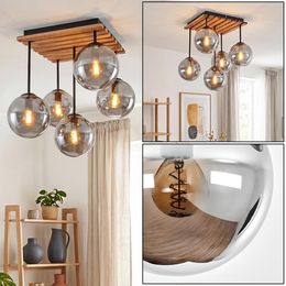 hofstein Moderne Cluster-Deckenleuchte Gastor mit f&uuml;nf Rauchglasschirmen und Lamellen-Abdeckung Holz-Metall-Gestell in Naturfarben, &oslash; 15 cm, E14, 25 Watt
