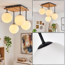 hofstein Gastor Holz-Deckenleuchte, wei&szlig;e Glaskugeln &Oslash; 15 cm, 4-flammig, Tannenholz quadratischer Lamellen-Baldachin im Boho-Retro-Stil, E14-Fassungen, &uuml;ber 