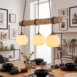 hofstein Koyoto Holzstab Pendelleuchte 60 cm, 3-flammig, wei&szlig;e Glasschirme &oslash; 15 cm aus naturfarbenem Eukalyptusholz und Metall, E27-Fassungen, variabel 