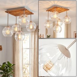 hofstein Koyoto 5-flammige Tannenholz-Deckenleuchte mit klaren Riffelglas-Kugeln, E14 mit Lamellen-Deckenplatte, sandfarbenen und wei&szlig;en Metalldetails, &uuml;ber 