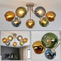 hofstein Koyoto Glaskugel-Deckenleuchte, 7-flammig, bunte Glasschirme &oslash; 15 cm im Retro-Look Sandfarbenes Metallgestell, Durchmesser 82 cm, 25 Watt