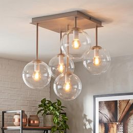 hofstein Gastor Deckenleuchte mit Glaskugeln, 5-flammige Deckenlampe E14 klar sandfarben-wei&szlig;es Metallgestell, 37 cm Durchmesser, extern dimmbar, f&uuml;r Esszimmer und Wohnzimmer