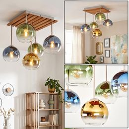 hofstein Kugel-Deckenleuchte Koyoto mit 5 bunten Glasschirmen und Holzlamellen-Abdeckung, E14 Metallgestell, eckige Deckenplatte, &oslash; 15 cm, 25 Watt