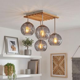 hofstein Koyoto Deckenleuchte aus Tannenholz, 4-flammig, Rauchglas-Kugeln, E14 mit geriffelter Oberfl&auml;che &oslash; 15 cm, sandfarben-wei&szlig;em Metall, Vintage-Boho f&uuml;r Esszimmer