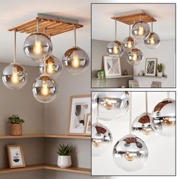 hofstein Boho Holz-Kugel-Deckenleuchte Gastor mit f&uuml;nf klaren und rauchfarbenen Glasschirmen &oslash; 15 cm Holzlamellen-Abdeckung aus Metall und Tannenholz, E14