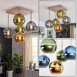 hofstein Koyoto Deckenleuchte mit mehrfarbigen Glaskugeln, 5-flammig, E14, Retro-Design sandfarben-wei&szlig;es Metallgestell, quadratische Deckenplatte, extern dimmbar, &oslash; 37 cm, f&uuml;r Wohn- und Esszimmer