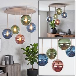 hofstein Chehalis Kugel-Deckenleuchte, 5-flammig, bunte Glasschirme, G9, Retro aus sandfarben-wei&szlig;em Metall, runde Glas-Kugelschirme &oslash; 12 cm, modern-vintage 