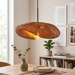 hofstein Bauro Bambus H&auml;ngeleuchte mit gew&ouml;lbtem braun-naturfarbenem Schirm, L&auml;nge 50 cm E27 Pendellampe f&uuml;r Esszimmer und Wohnzimmer, modern im Retro-Vintage-