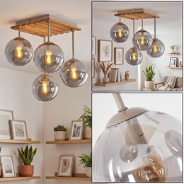 hofstein Gastor 4-flammige Rauchglas Deckenleuchte mit Tannenholz-Deckenplatte E14 Kugelschirme &Oslash; 15 cm, extern dimmbar, in Naturfarben, Sandfarben und Wei&szlig; 