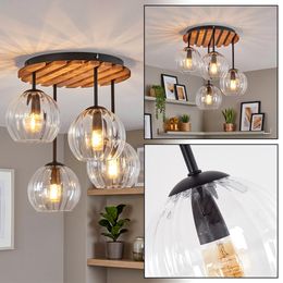 hofstein Koyoto Deckenleuchte Holz Glas, 4-flammig, mit Tannenholz-Lamellen, klarem Riffelglas runde Deckenplatte im Retro-Boho-Stil, Kugelschirme &Oslash; 15 cm f&uuml;r 