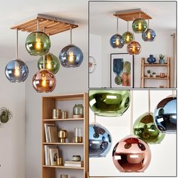 hofstein Koyoto Deckenleuchte mit farbigen Glaskugeln &Oslash; 15 cm, 5-flammig, Tannenholz f&uuml;r E14-Leuchtmittel, extern dimmbar, mit Lamellen-Deckenplatte im Boho-, Retro- und Vintage-Stil