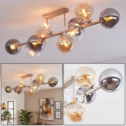hofstein 10-flammige Cluster-Deckenleuchte Gastor mit Glaskugeln in Bernstein, Klar und Rauch Metallgestell in Sandfarben, E14, 25 Watt, extern dimmbar