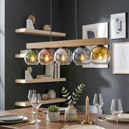 hofstein Koyoto Holzstab Pendelleuchte mit 5 bunten Glaskugeln &oslash; 15 cm, L&auml;nge 95 cm mit E14-Fassungen, extern dimmbar, bei Montage verstellbar, Boho-Retro 