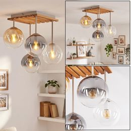 hofstein Kugelleuchte Gastor mit Holzlamellen-Abdeckung, 4 Glasschirme in Bernstein, Klar, Rauch Aus Metall, Deckenplatte, E14, 25 Watt, Boho-Konstruktion