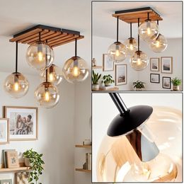 hofstein Gastor Deckenleuchte Holz Glas mit Kugelschirmen, 5-flammig, bernsteinfarben klar akzentuiert, mit rechteckigem Lamellen-Baldachin im Boho-Retro-Look,