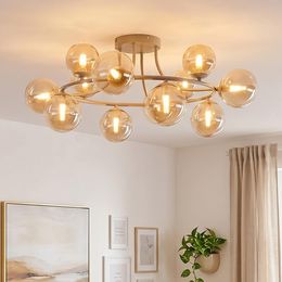 hofstein Chehalis Kugel-Deckenleuchte mit bernsteinfarbenem Glasschirm, 12-flammig sandfarben-wei&szlig;es Metallgestell im Sputnik-Design, &Oslash; 76 cm, Schirme &oslash; 12/10 