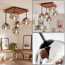 hofstein Gastor 5-flammige Deckenleuchte mit rauchfarbenen Glaskugeln &oslash; 15 cm, E14 mit Lamellen-Deckenplatte aus Tannenholz, extern dimmbar, f&uuml;r Esszimmer und Wohnzimmer im Boho-Retro-Stil