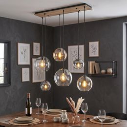 hofstein Koyoto 6-flammige Glas-H&auml;ngeleuchte f&uuml;rs Esszimmer mit runden Glaskugeln Holz und Metall, Durchmesser 25/20/15 cm, E27, 15 Watt