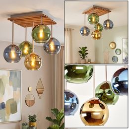 hofstein Koyoto Boho Deckenleuchte mit mehrfarbigem Glasschirm, Kugelleuchte 5-flammig aus Tannenholz und Metall, Lamellen-Deckenplatte naturfarben, sandfarben