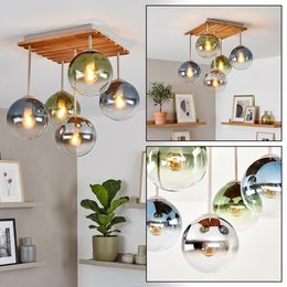 hofstein Boho Style Kugel-Deckenleuchte Gastor mit 5 bunten Glasschirmen &oslash; 15 cm Aus Holz und Metall in Naturfarben, 39 cm Durchmesser, E14, 25 Watt