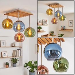 hofstein Koyoto Tannenholz-Deckenleuchte mit bunten Kugel-Glasschirmen, 4-flammig, &oslash; 15 cm Design in Naturfarben, Sandfarben und Wei&szlig;, Metallgestell, E14-