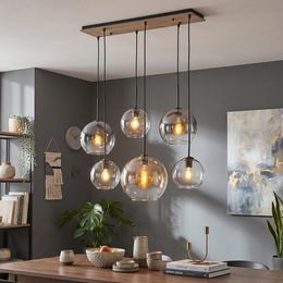hofstein Koyoto Pendelleuchte f&uuml;r Esstisch 6-flammig, E27, naturfarbenes Kiefernholz mit bernsteinfarbenen, klaren und rauchfarbenen Kugel-Glasschirmen &Oslash; 20/25