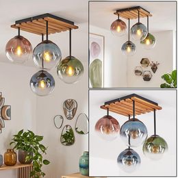 hofstein Gastor Deckenleuchte mit bunten Glasschirmen &oslash; 15 cm, Holzlamellen, 4-flammig mit E14-Fassungen, extern dimmbar, naturfarbenem Boho-Retro-Design f&uuml;r 